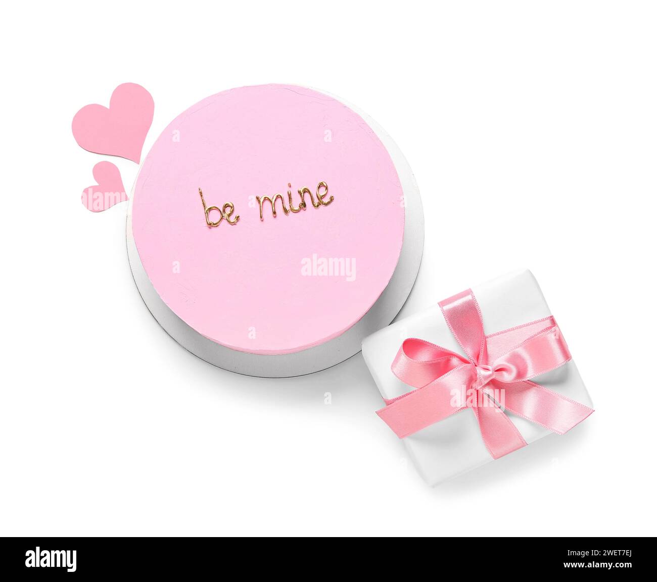 Pink bento cake with gift box on white background. Valentine's Day ...