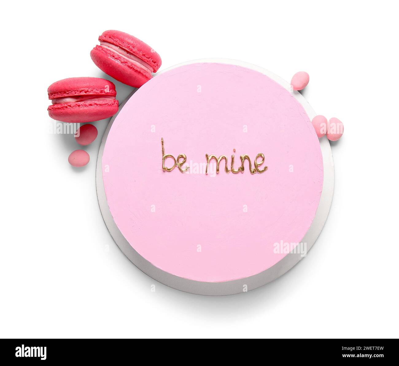 Pink bento cake with macaroons on white background. Valentine's Day ...