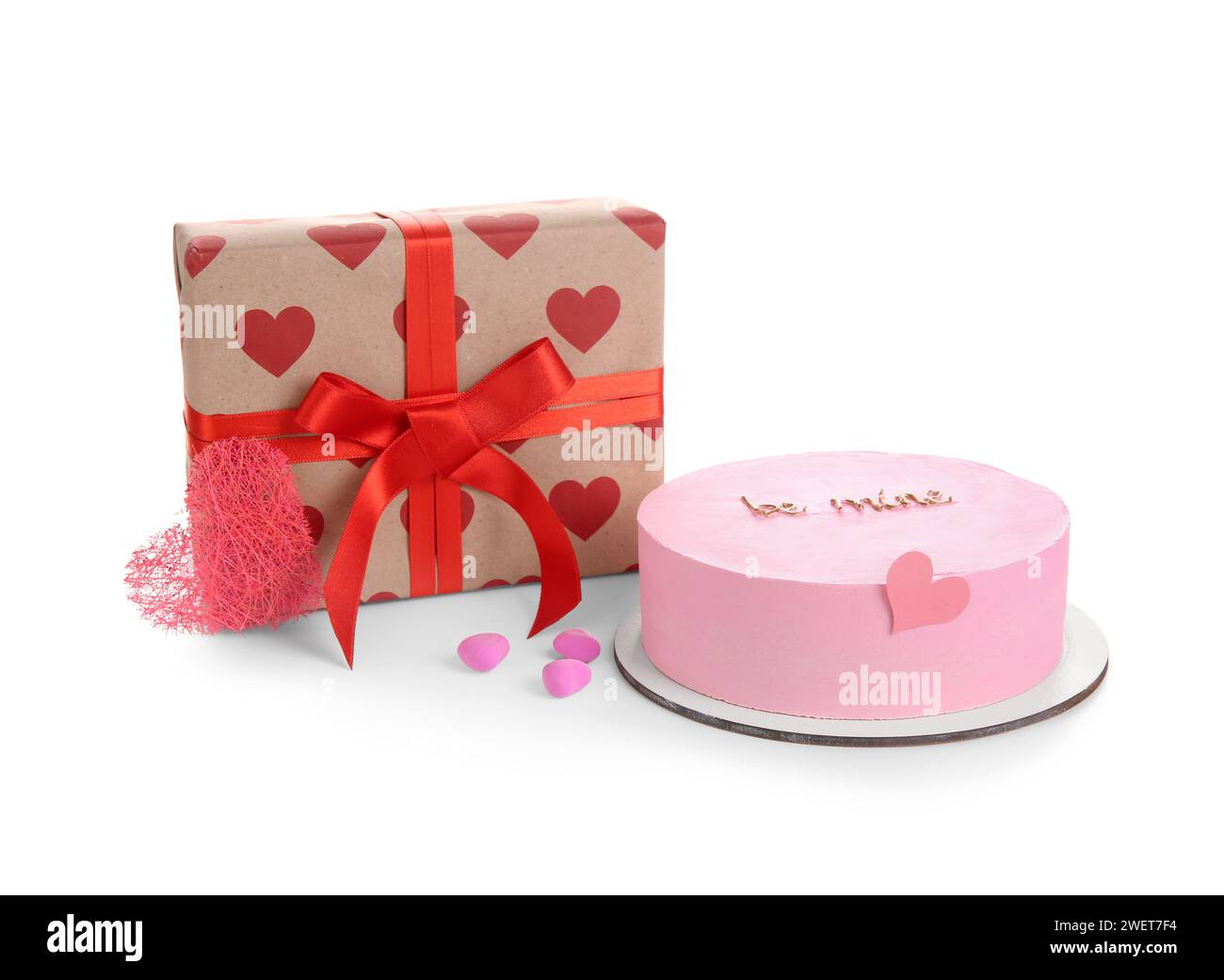 Pink bento cake with gift box on white background. Valentine's Day ...