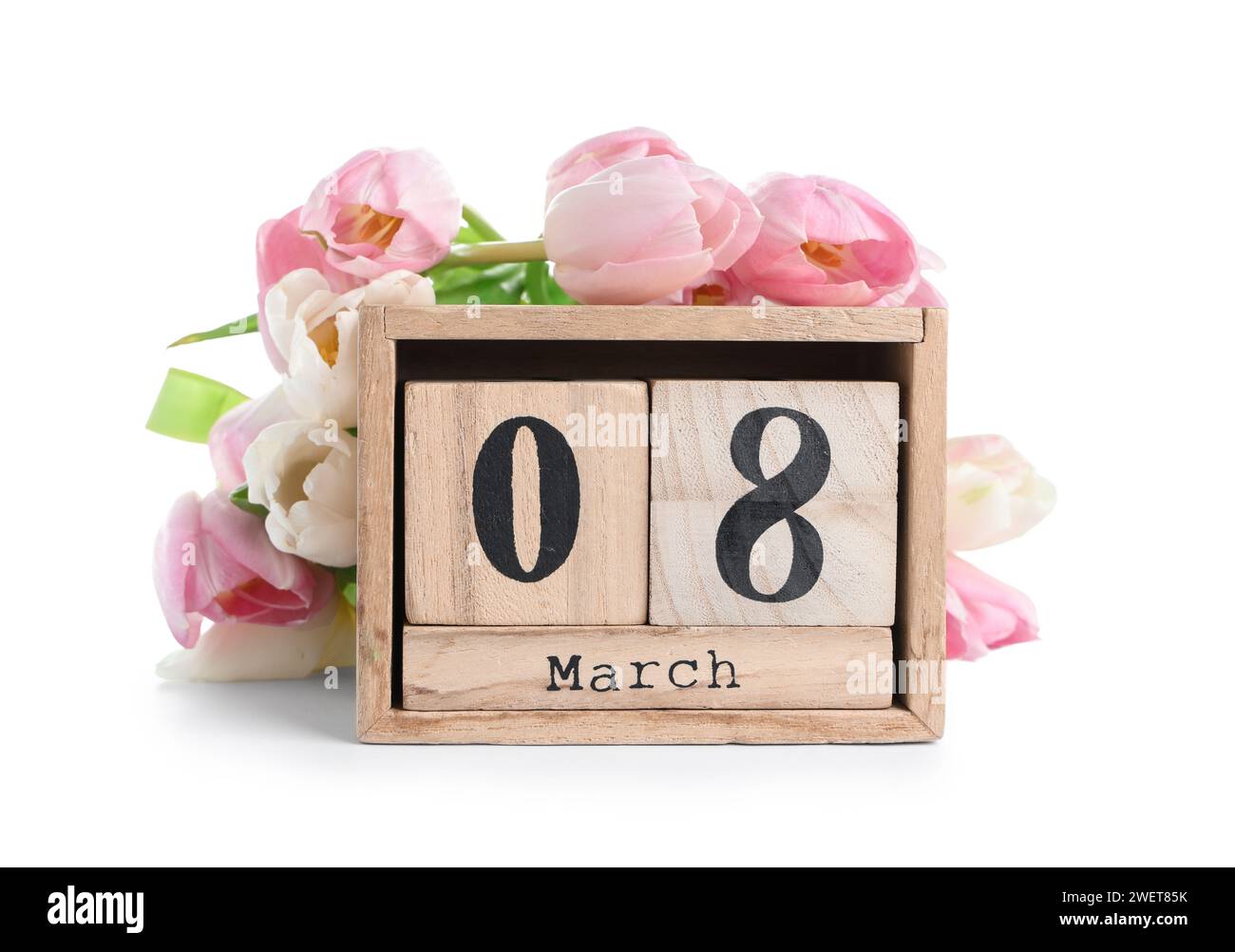Cube calendar with date 8 MARCH and bouquet of beautiful tulips on ...