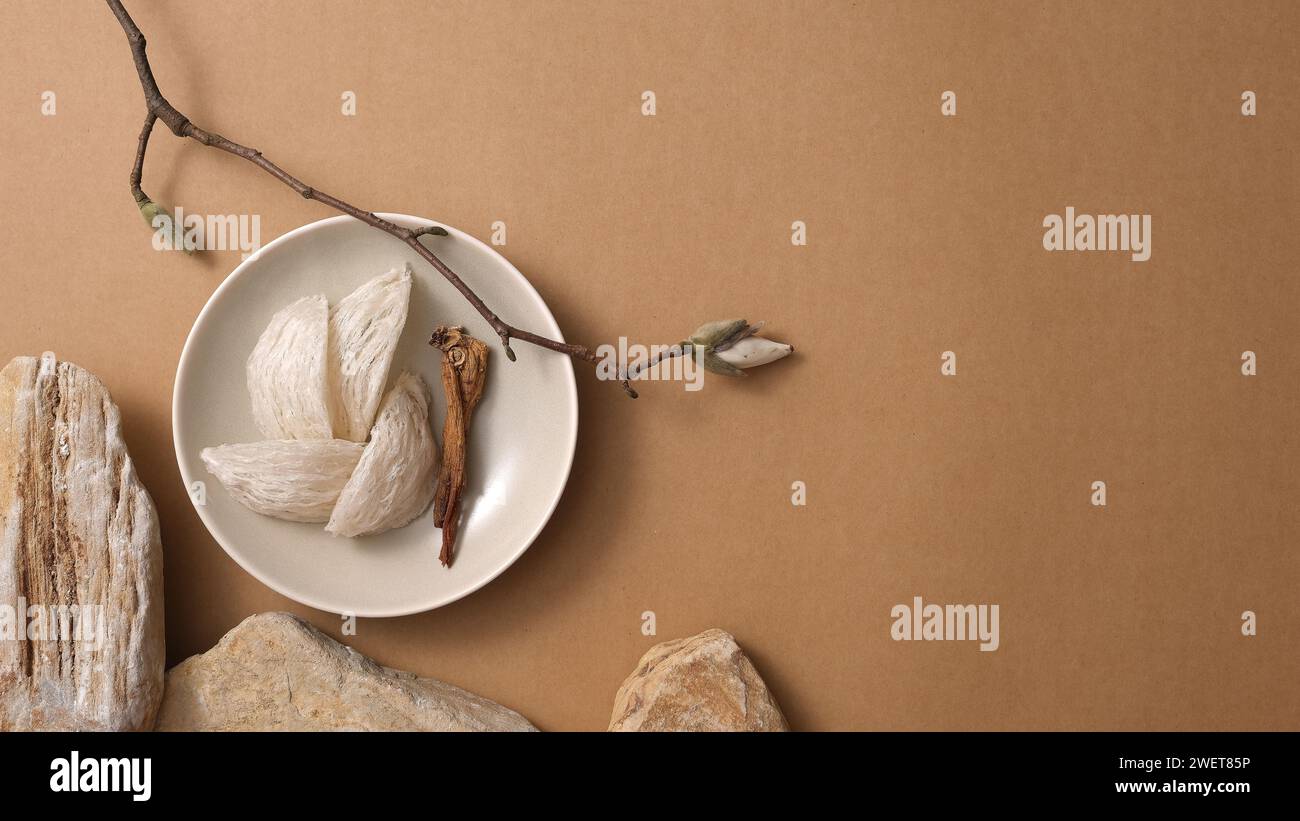 Bird's nest and red ginseng on round dishes, dry twigs, stone and small ...