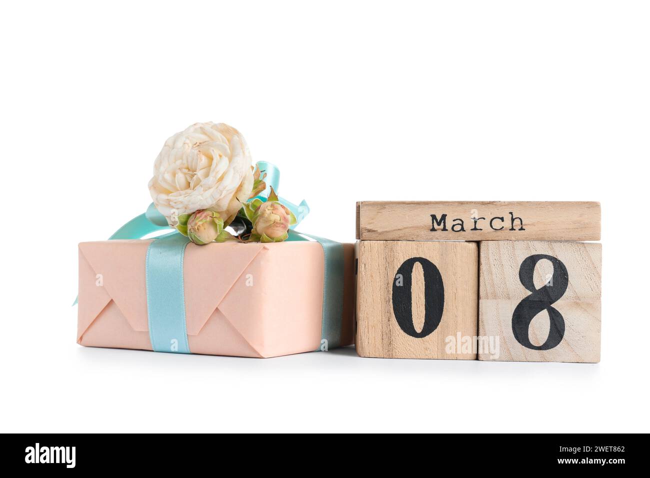 Cube calendar with date 8 MARCH, gift box and beautiful roses on white ...