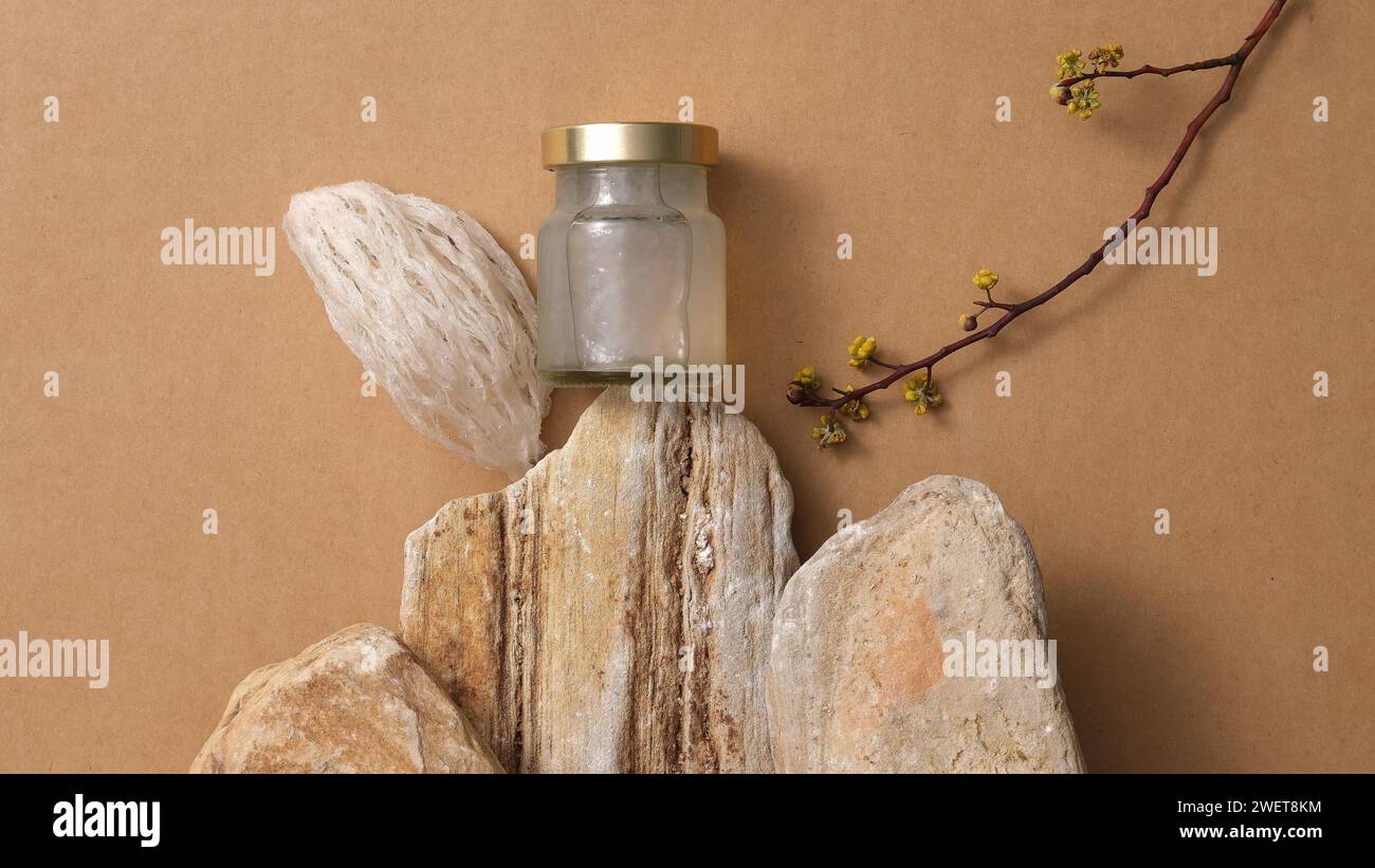 Mockup scene for natural island nest product with glass bottle without ...