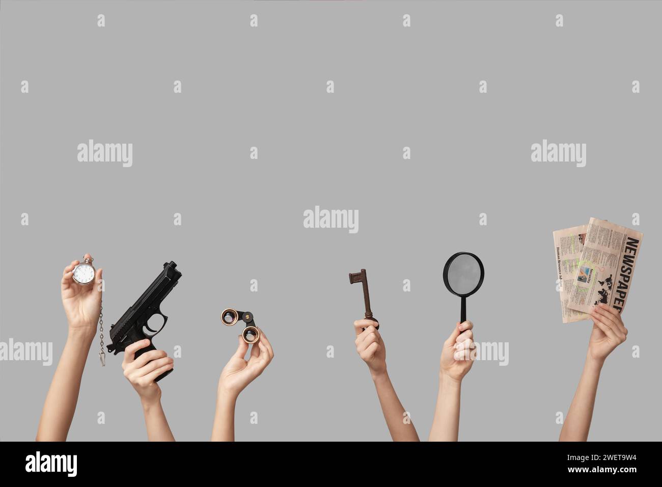 Women with accessories of detective on grey background Stock Photo - Alamy