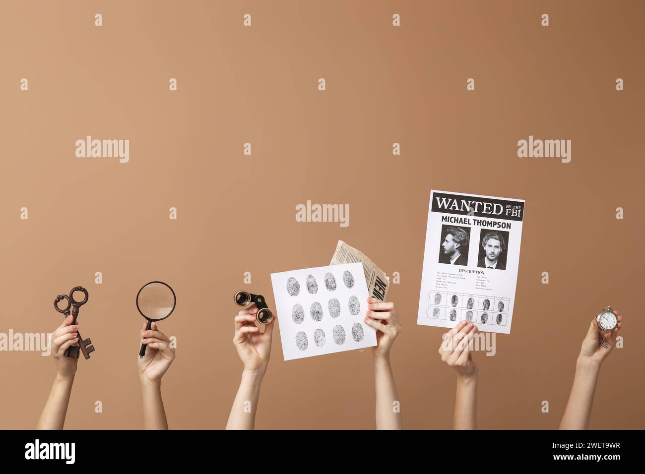 Women with accessories of detective on brown background Stock Photo - Alamy