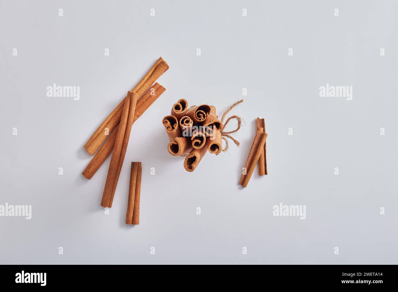 Top view, flat lay of cinnamon sticks isolated on white background ...