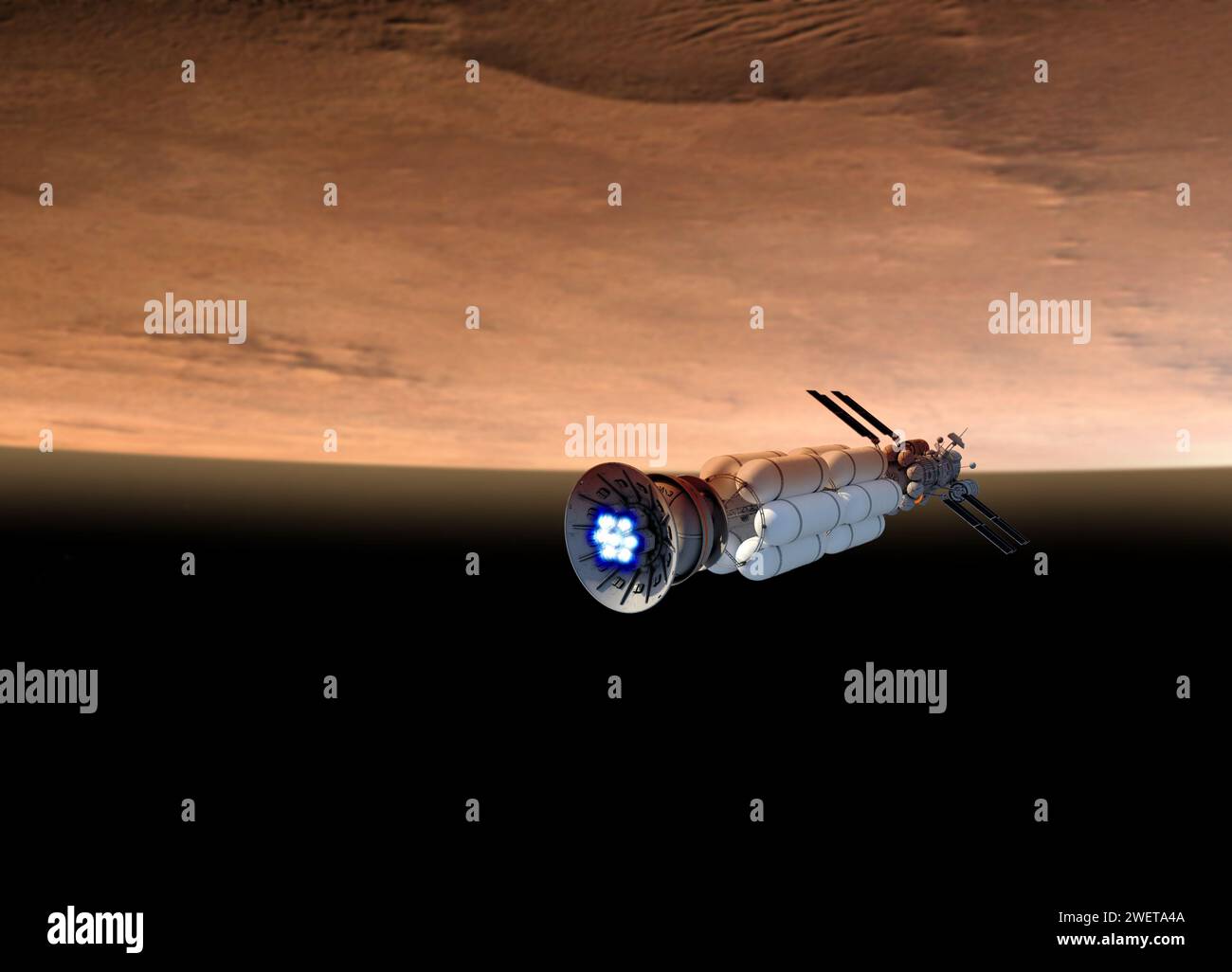 Fusion drive spaceship arriving in Mars orbit, illustration Stock Photo ...