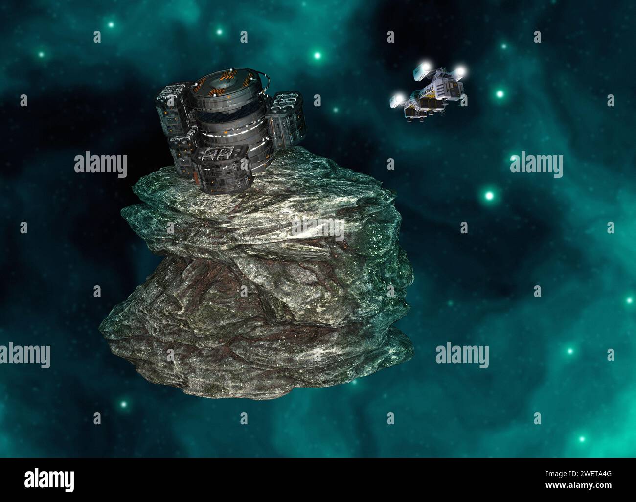 Spaceship arriving at mining asteroid, illustration Stock Photo - Alamy