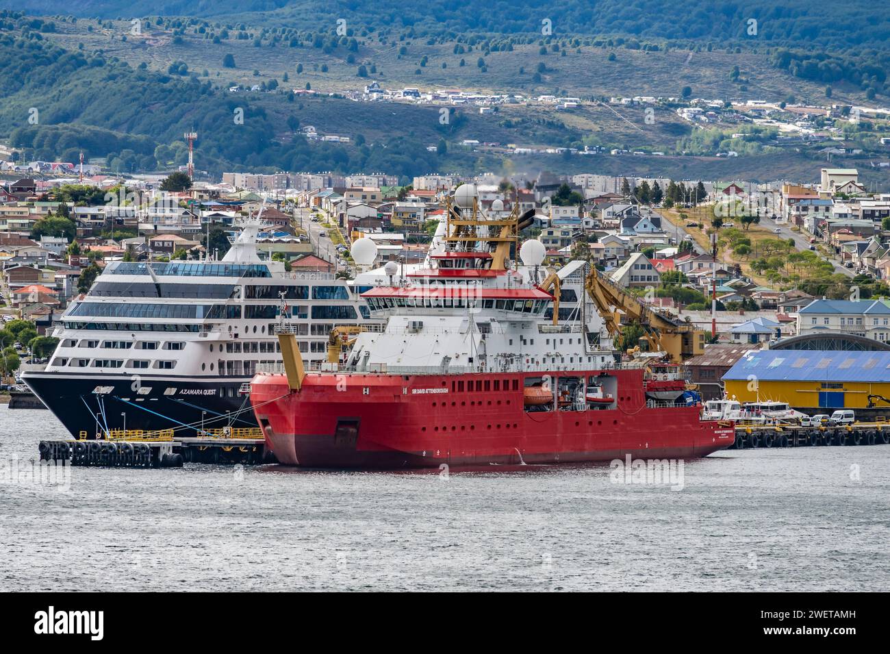 British polar research ship RRS Sir David Attenborough docked on the port of Ushuaia, Tierra del ...