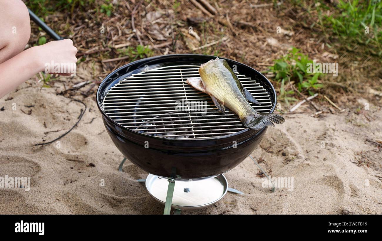 Whole raw fish on the charcoal BBQ grill in camping in summer. Fishing ...
