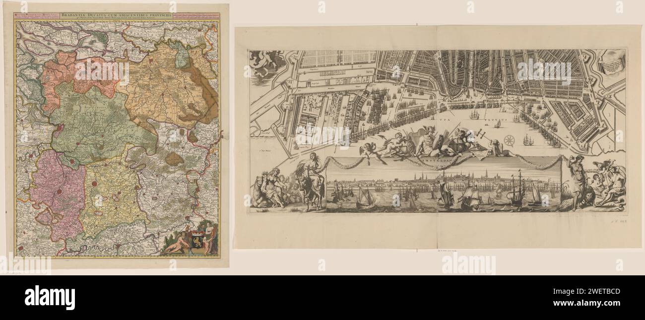 Map of Amsterdam with cityscape, consisting of two parts, Anonymous, 1691 - 1693 print Map in a ...