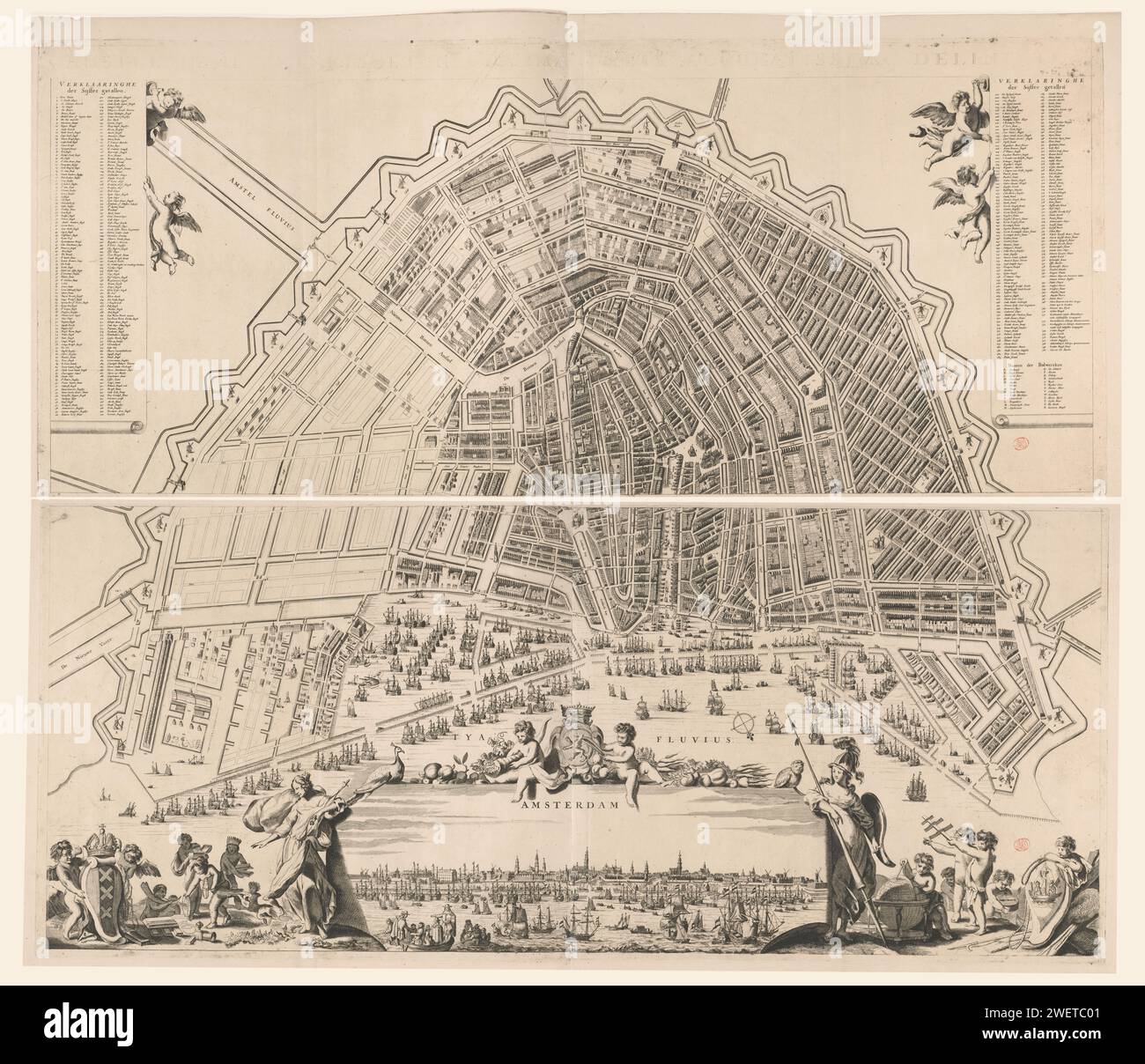 Map of Amsterdam with cityscape, consisting of two parts, Anonymous, 1676 - in or before 1699 ...