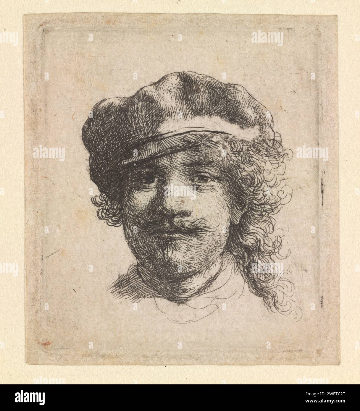 Self-portrait wearing a soft cap: full face, head only, Rembrandt van ...
