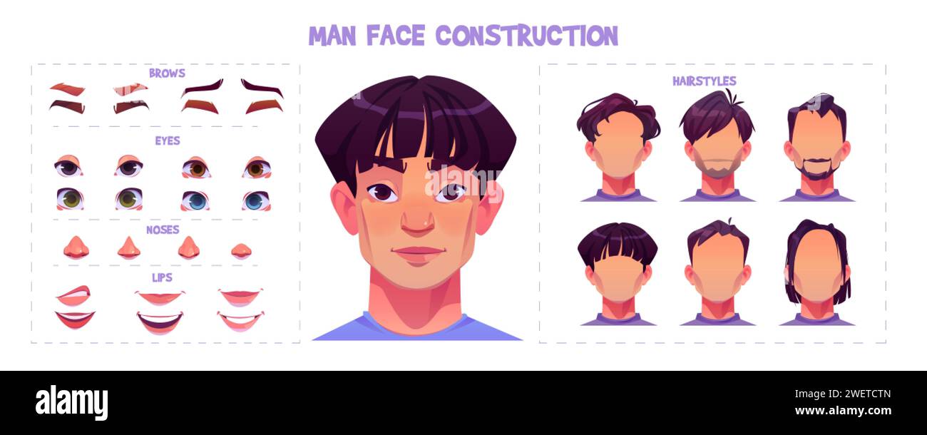 Young oriental man face construction kit. Cartoon vector illustration ...