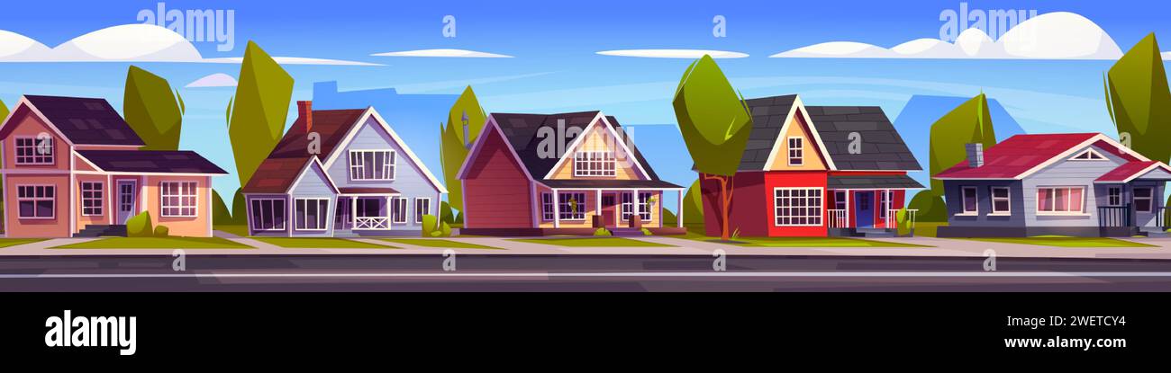 Suburban landscape with countryside house on street with yards and ...