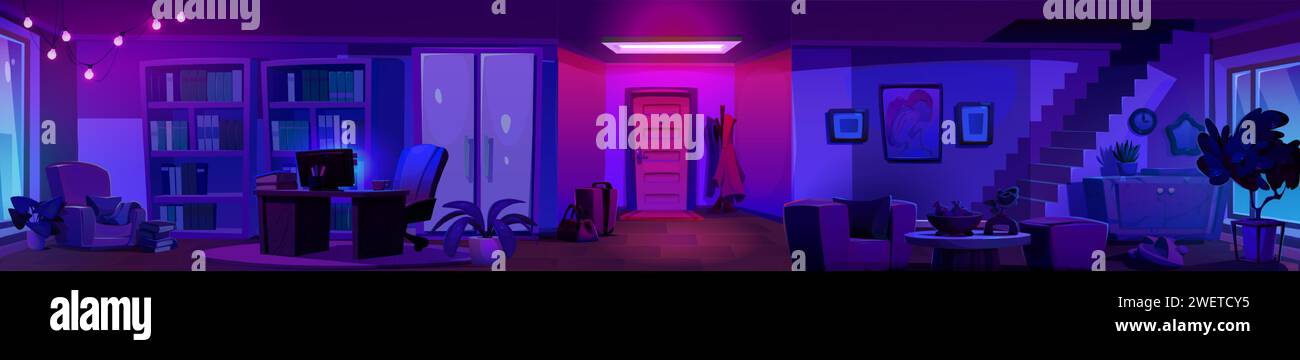 Panoramic home interior at night. Horizontal house or apartment indoor ...