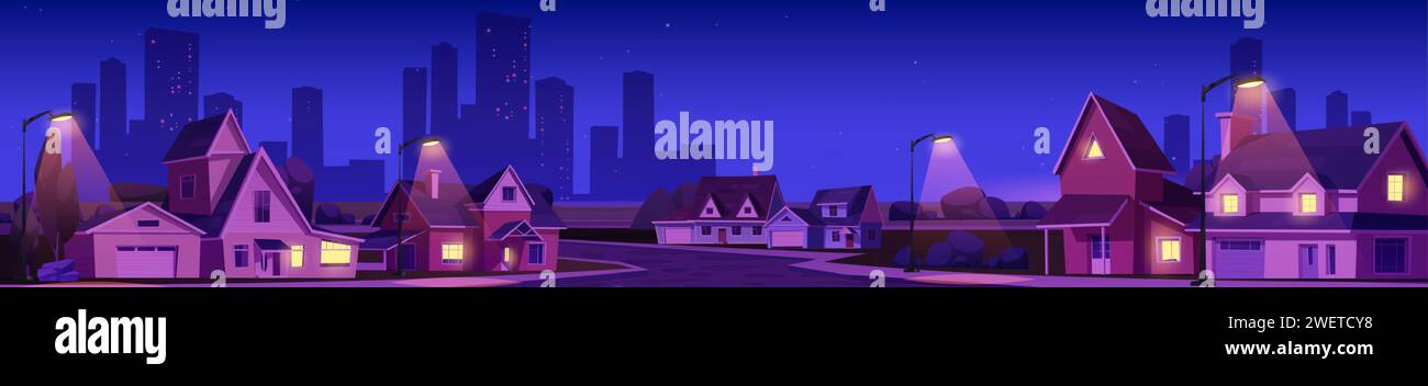 Suburban landscape at night - dark cartoon vector cityscape with ...