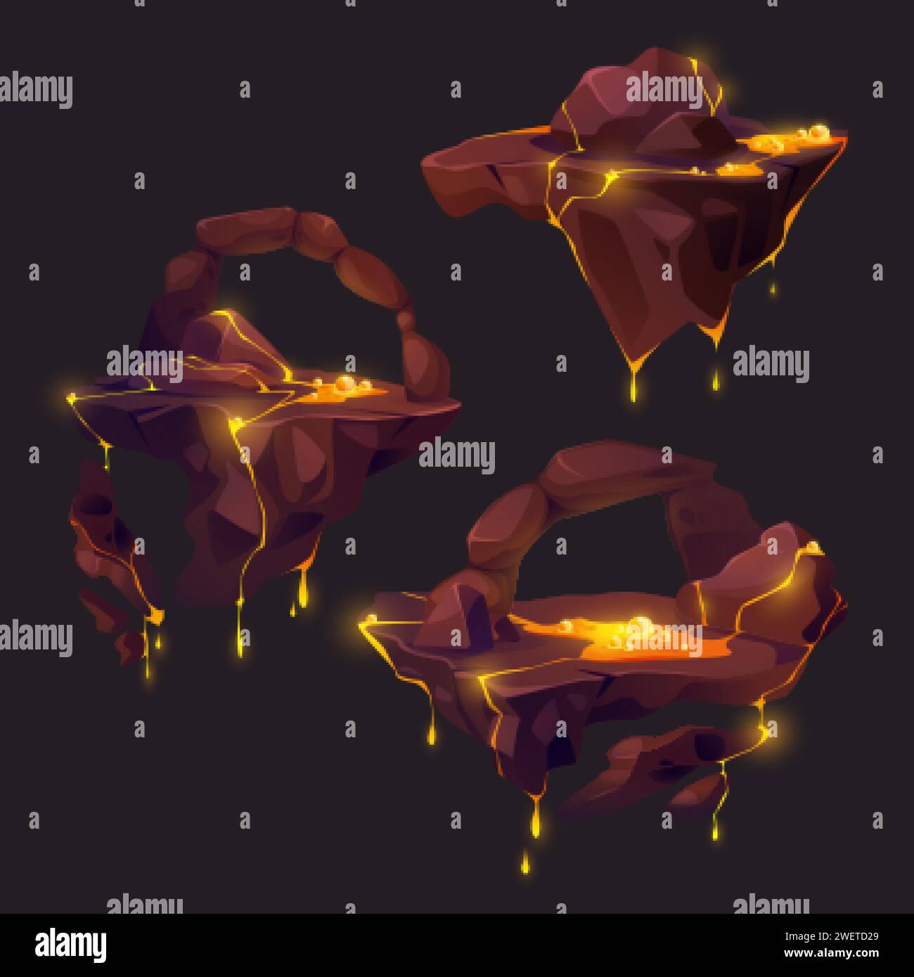 Floating islands of rocky land with hot orange lava liquid with ...