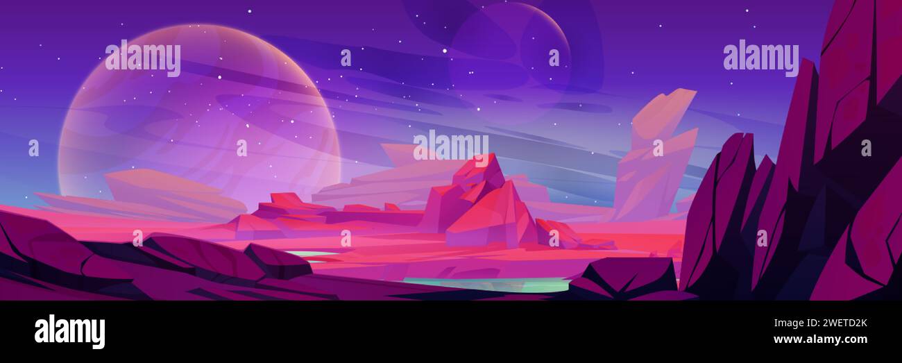 Alien planet landscape with rocky surface and lake. Vector cartoon ...