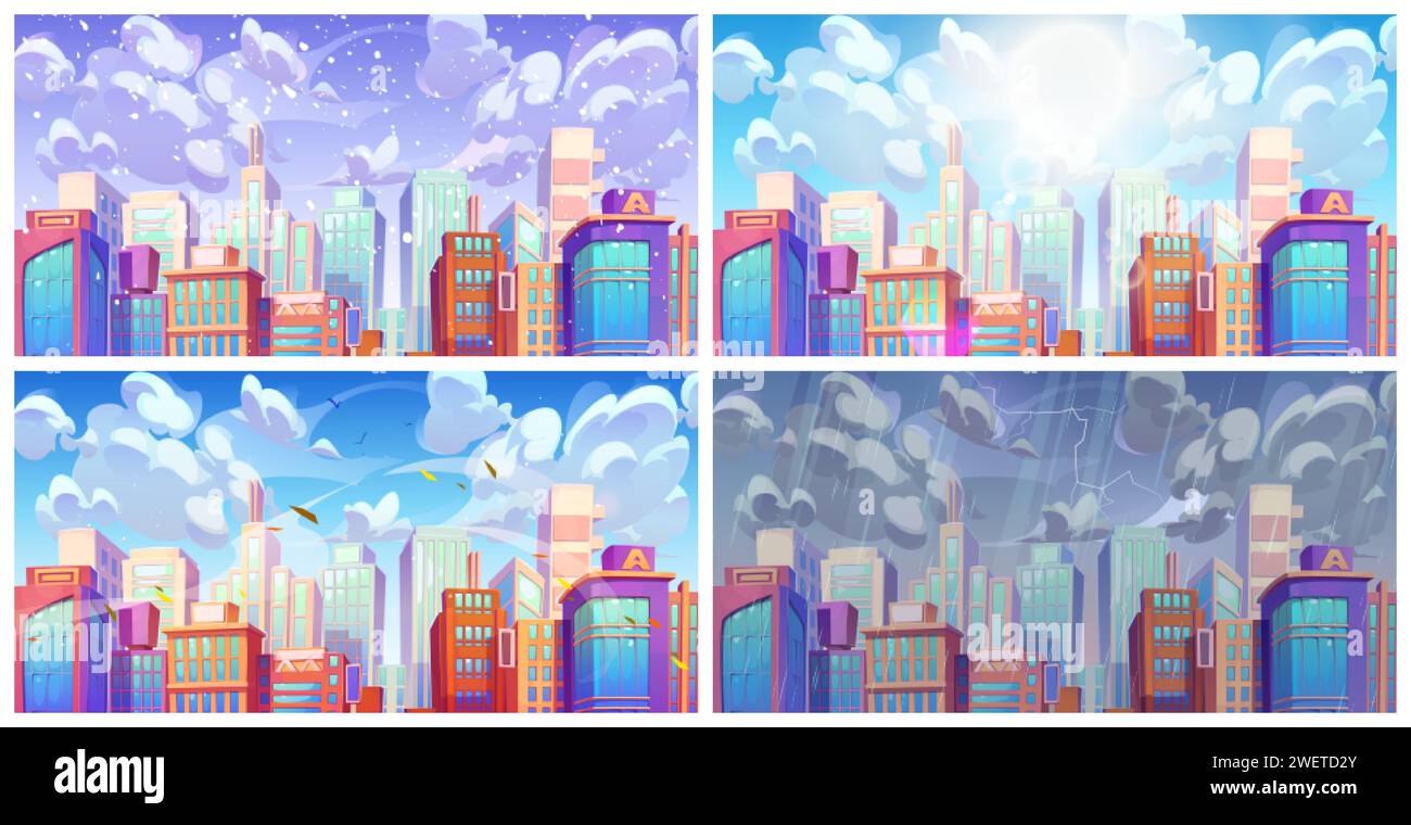 Cartoon city downtown landscape with modern skyscraper buildings in ... Cartoon city downtown landscape with modern skyscraper buildings in ...