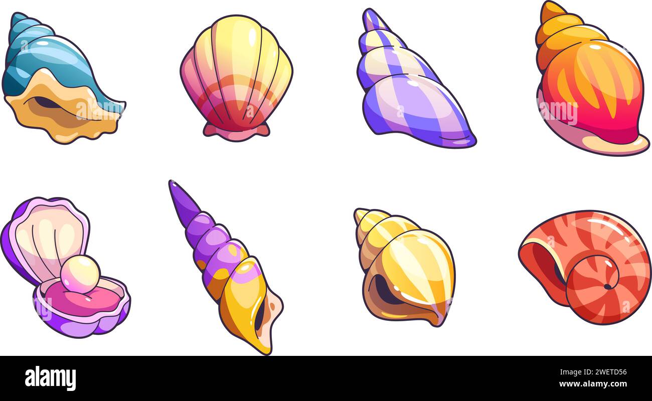 Sea shell and vessels game assets set. Cartoon vector illustration ...