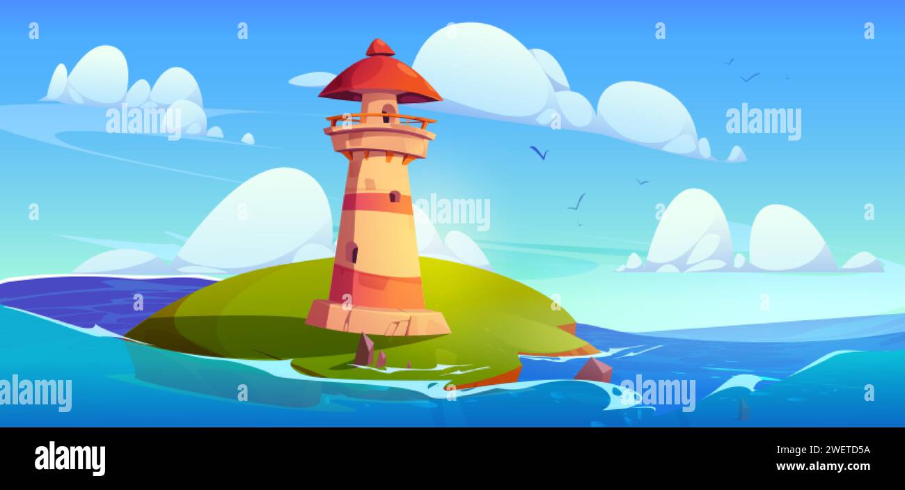 Old lighthouse on green island in sea. Vector cartoon illustration of ...
