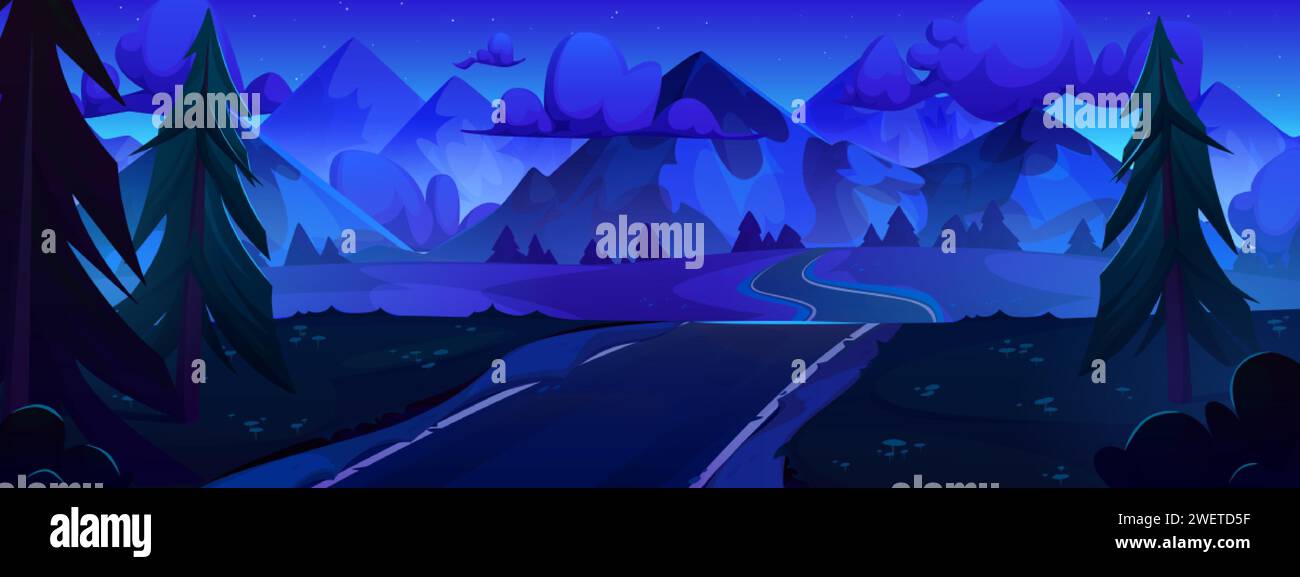 Night mountain road perspective. Vector cartoon illustration of ...