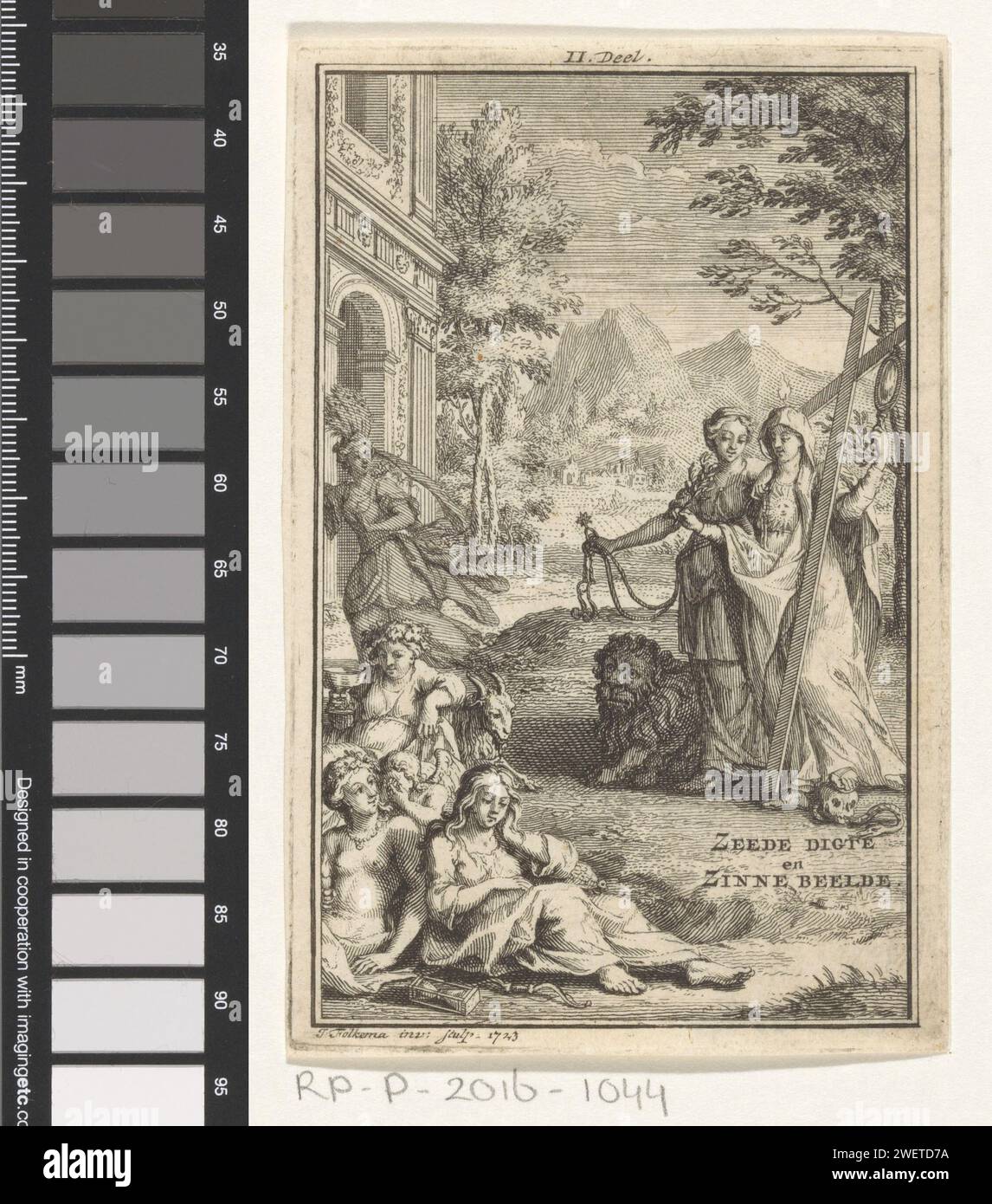 Meeting of virtues, vices and allegorical figures, Jacob Folkema, 1723 print Modernity with ...