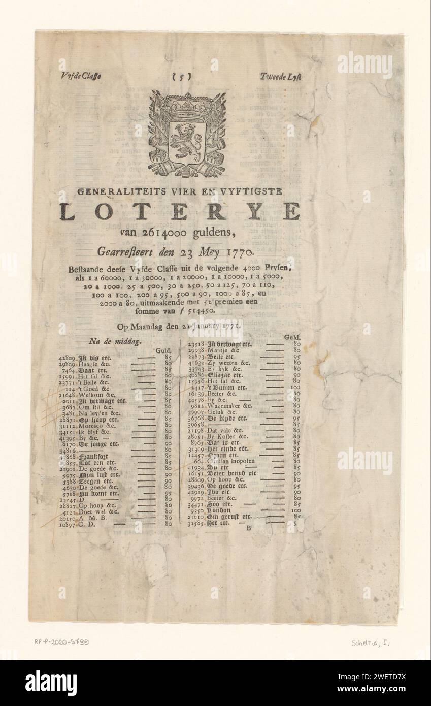 Result of a lottery in the fifth class on January 21, 1771, Isaac ...