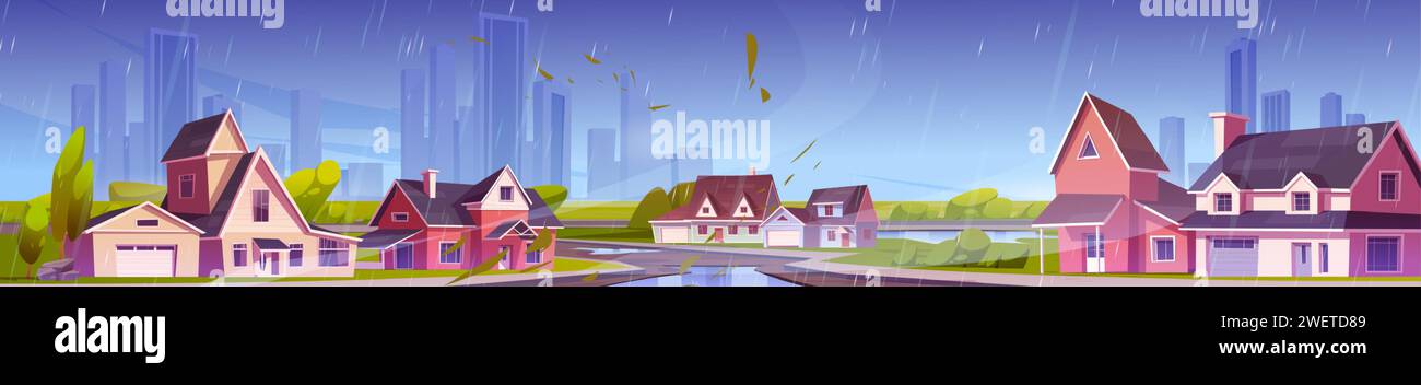 Suburban landscape with countryside house in rain. Cartoon vector ...