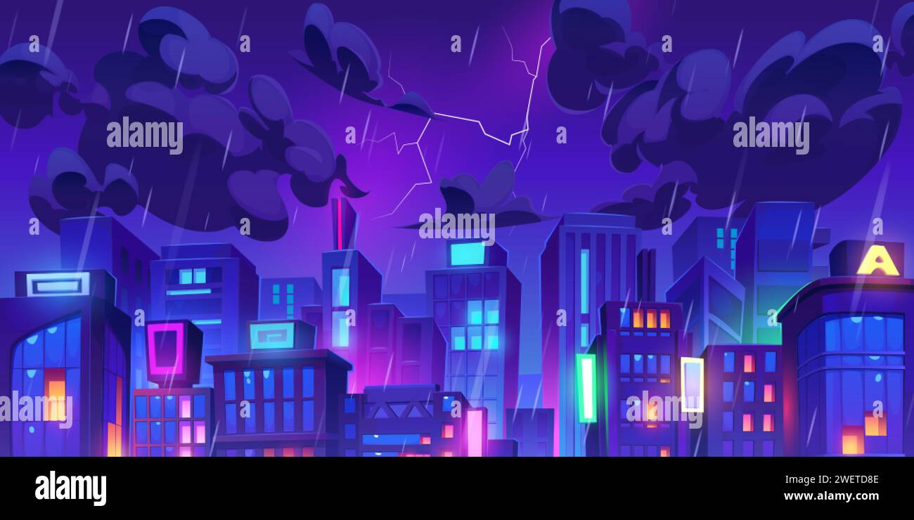 City downtown landscape at night with modern neon glowing skyscraper ...