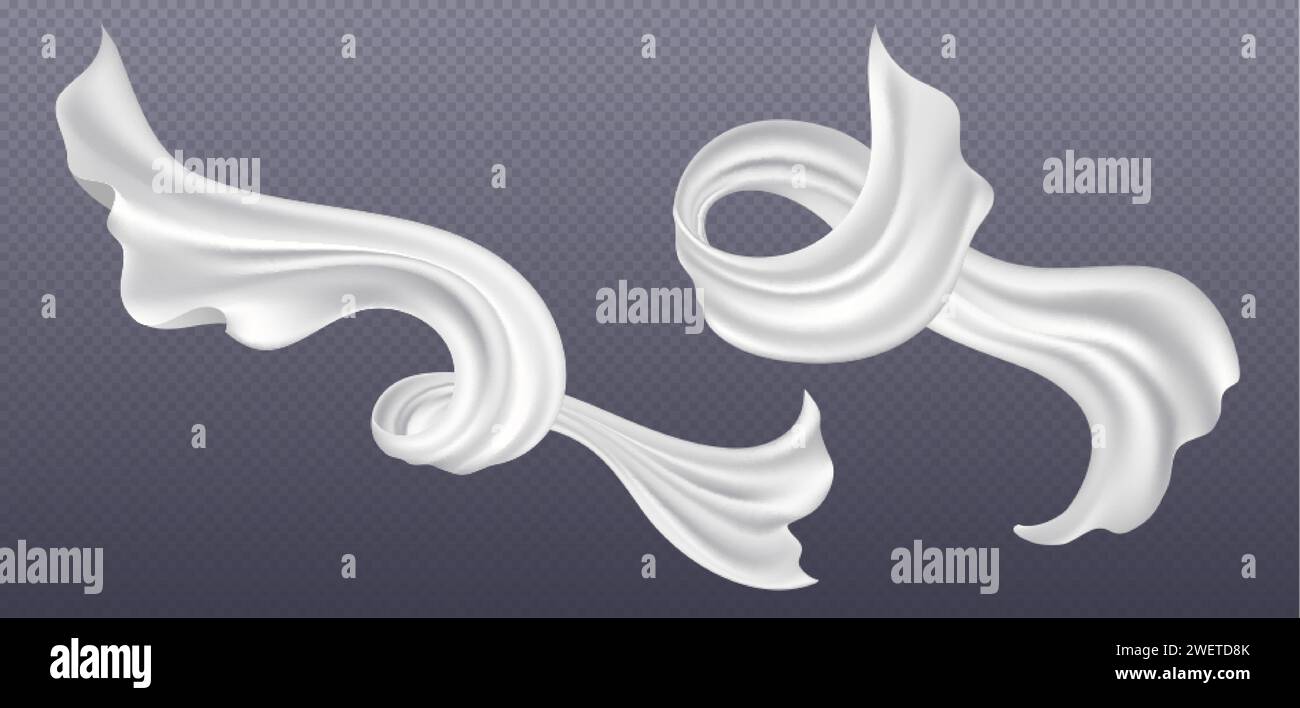 Sheet of white silk ribbon flying and flowing in air. Realistic vector ...