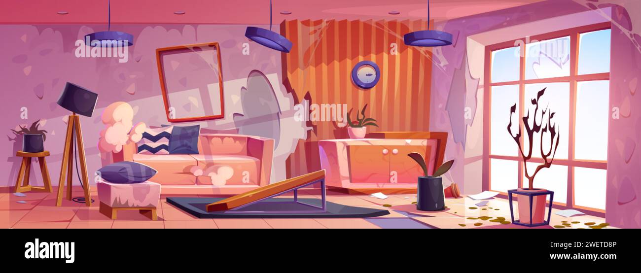 Abandoned and ruined living room with broken furniture, garbage and ...