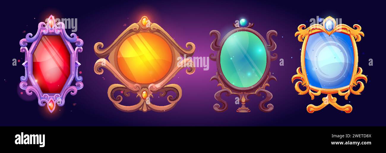 Magic vintage mirror with golden, wooden and metallic curly decorative ...