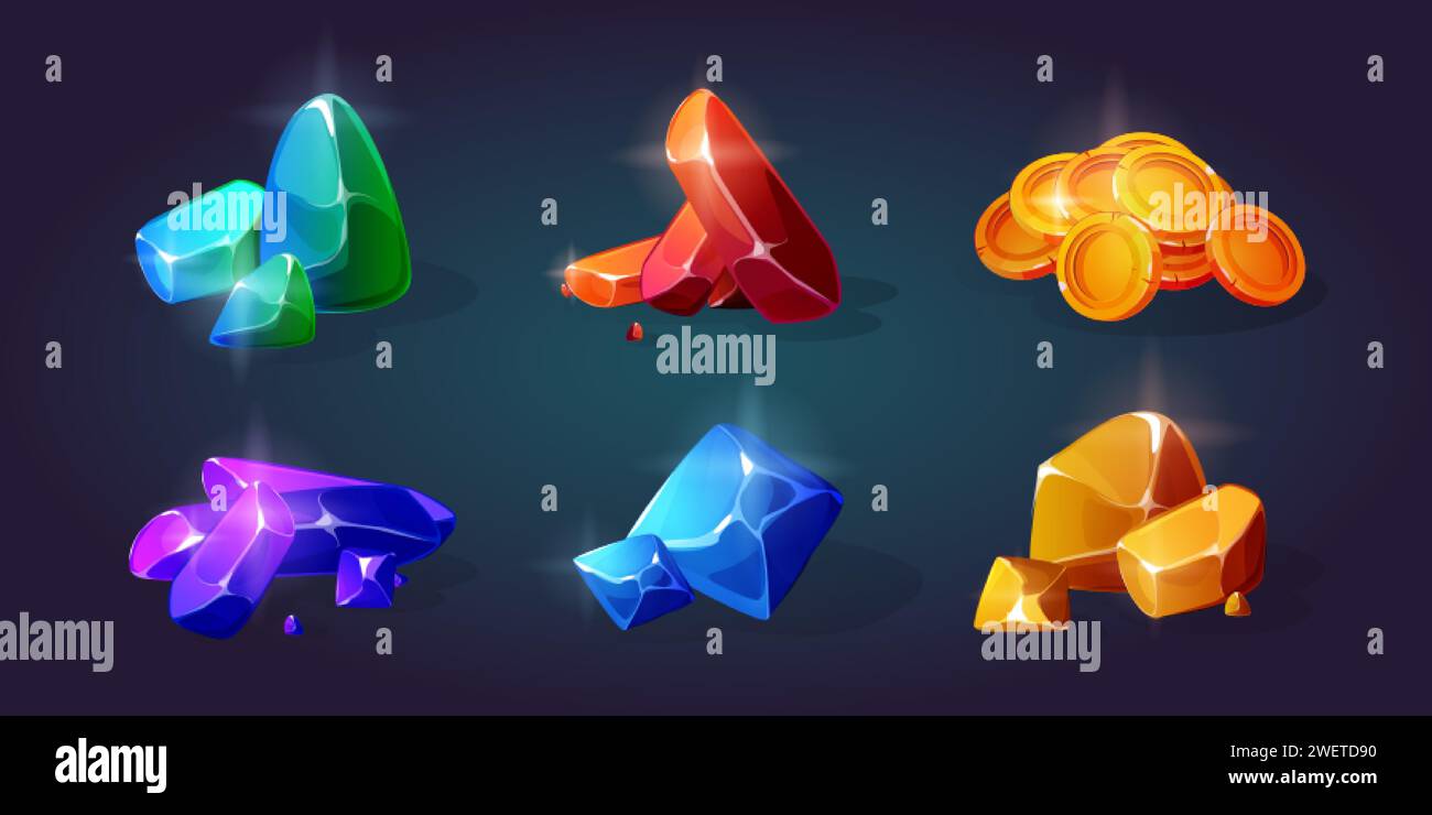 Mining game gemstones and money set isolated on background. Vector ...