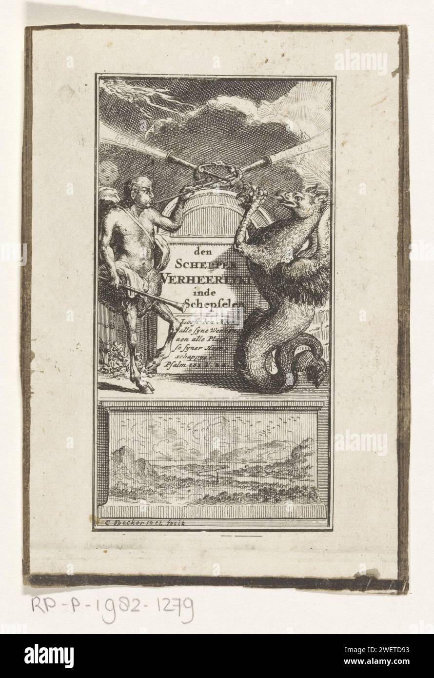 Centaur and eagle with fish tail, 1685 print On either side of a ...