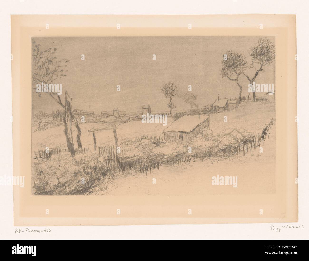 Snow landscape with gate and some houses, 1907 print paper etching ...