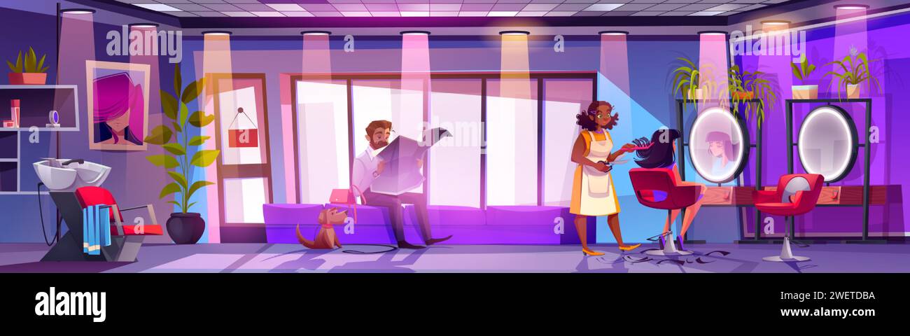 Hairdresser making hairstyle for woman in beauty salon. Vector cartoon ...