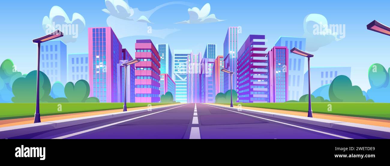 Big city with modern skyscrapers and highway perspective. Vector ...