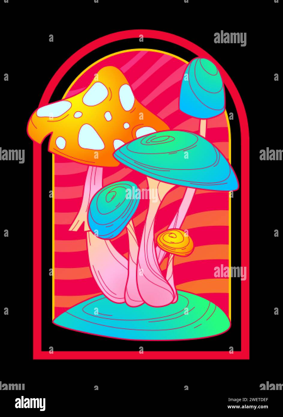 Bright sticker with trippy mushroom on grass over red stripped groovy ...