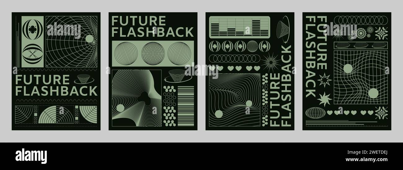 Poster and cover design template in y2k retro style with wireframe ...