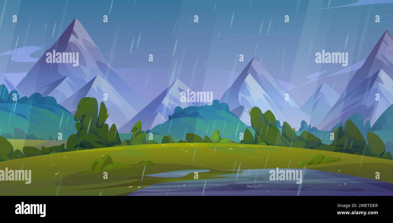 Summer rainy natural landscape with puddle on green grass of meadow in ...