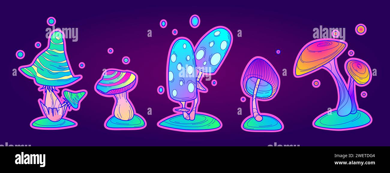 Trippy mushroom sticker collection. Cartoon bright neon fluorescent ...
