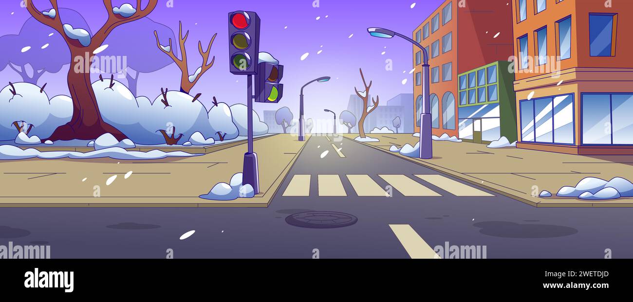 City street intersection covered with snow at winter. Cartoon vector ...
