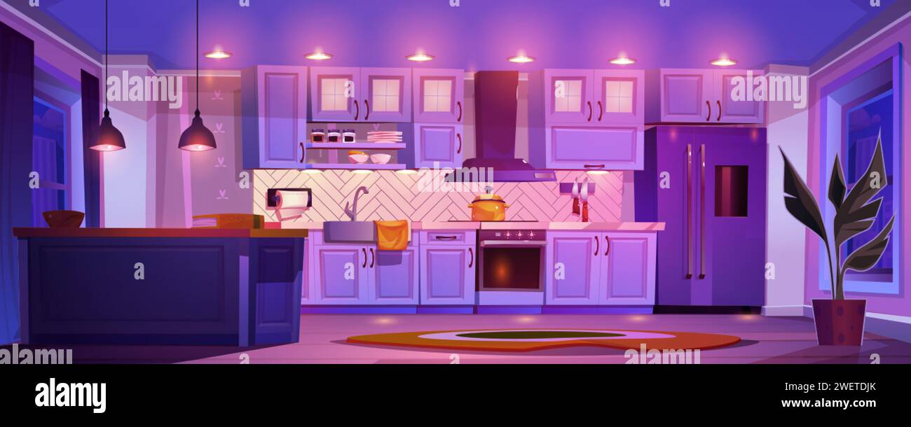 Home kitchen interior at night with clean modern furniture and ...