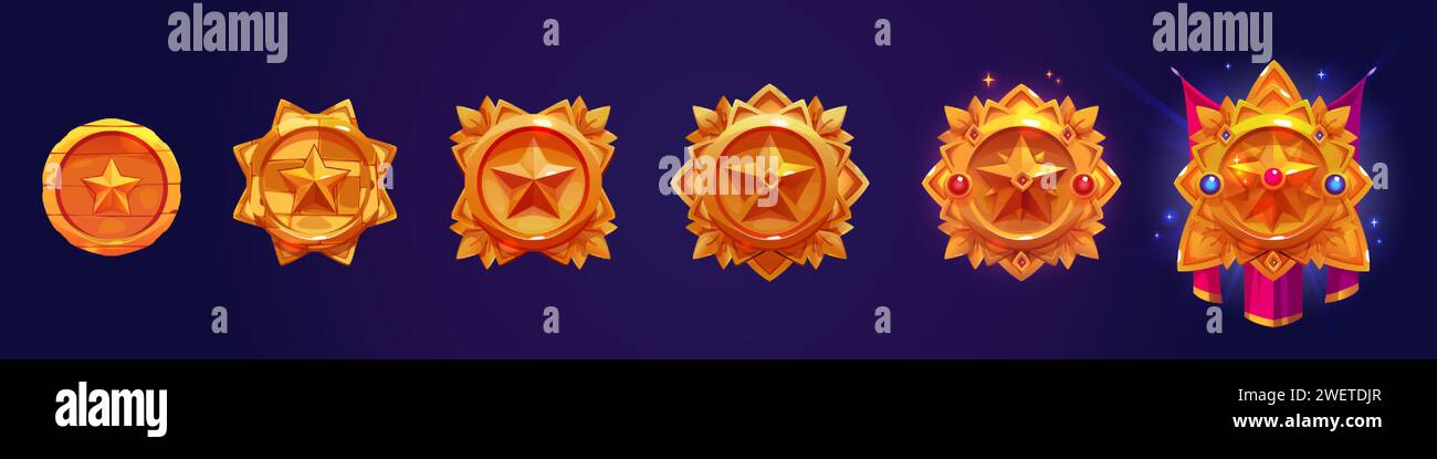 Red round shape badge with star, golden frame, gemstones and crown ...