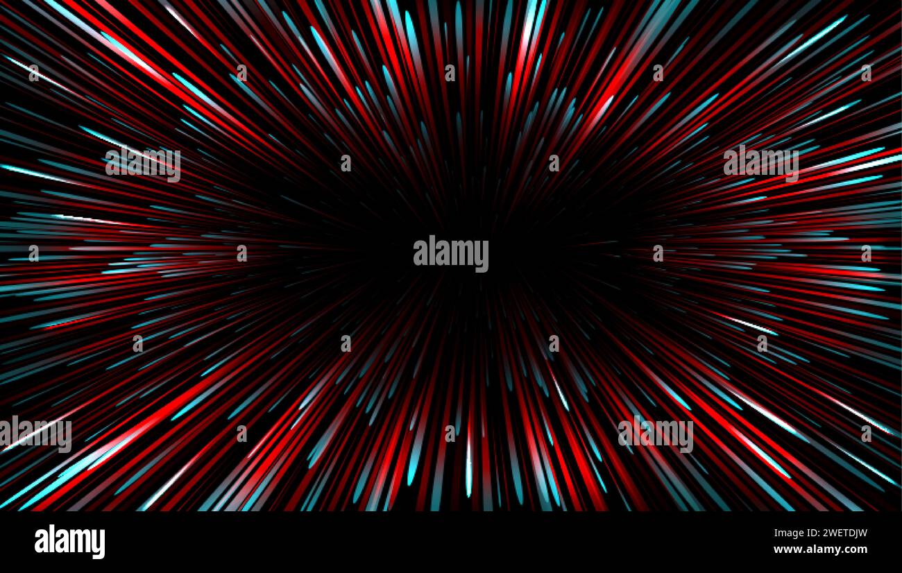 High speed warp of red light with radial burst. Realistic vector ...