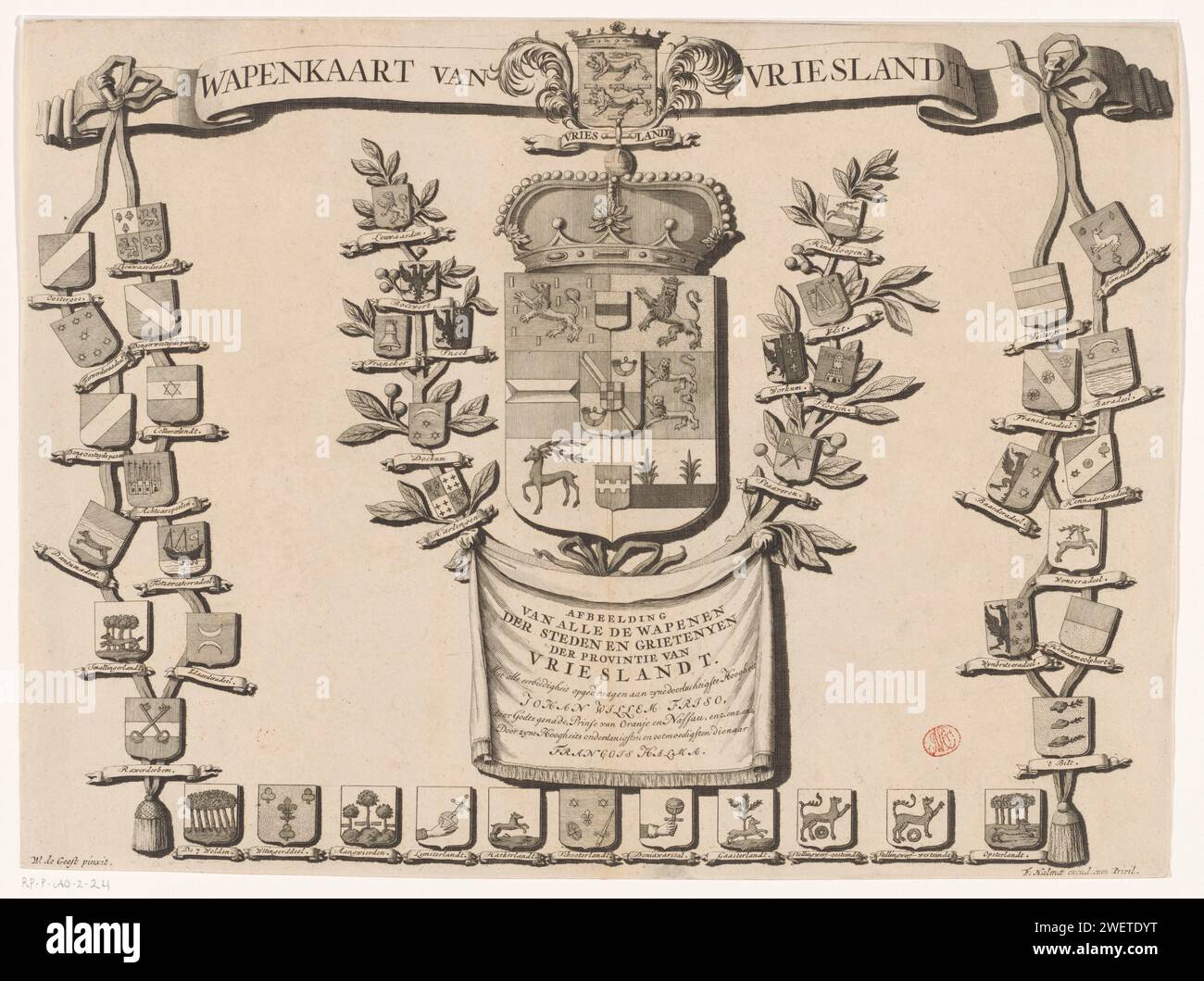 Friesland's arms map, 1702 - 1711 print In the middle the coat of arms ...