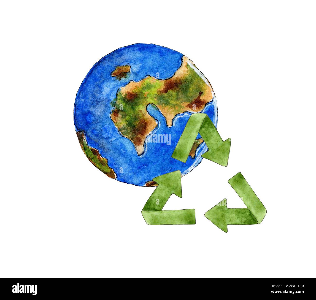 Watercolor illustration of blue planet earth and green garbage ...