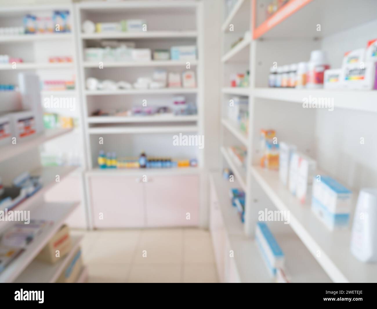 Pharmacy store shelves interior with blurred background Stock Photo - Alamy